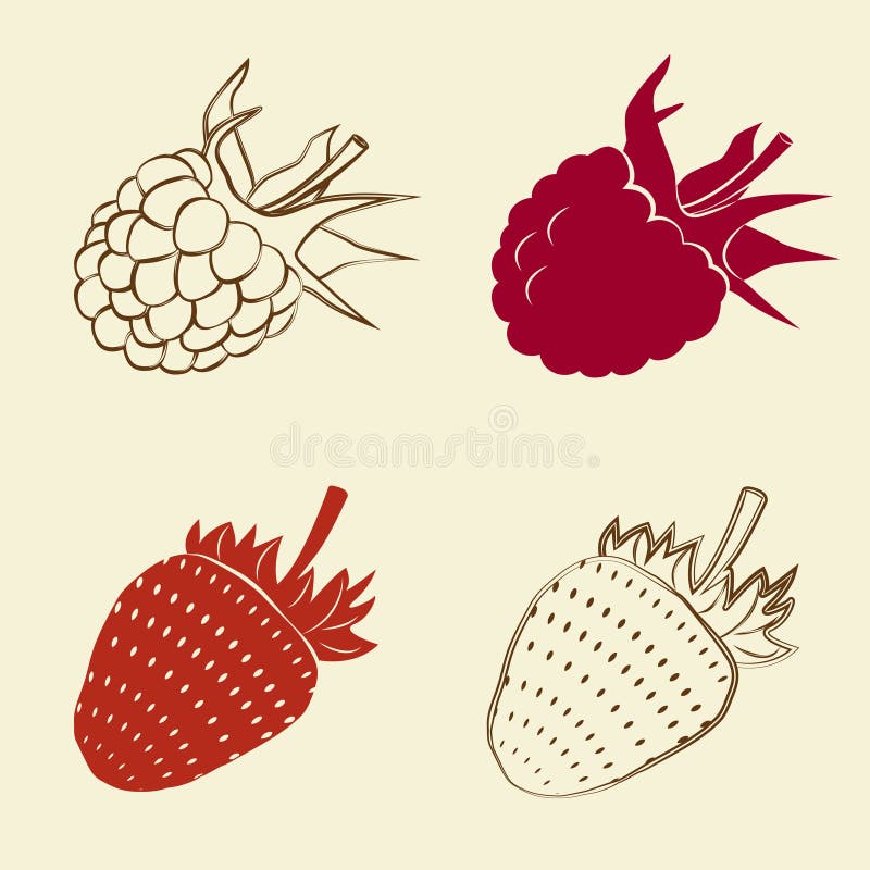 Raspberry and Strawberry Icons Stock Vector - Illustration of outline ...