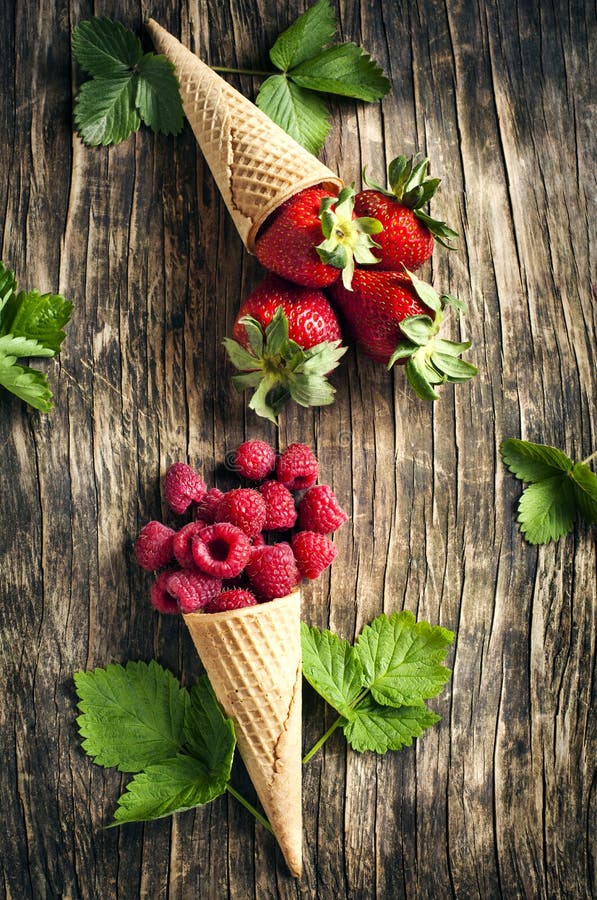 Raspberry and Strawberry in Sugar Cones. Stock Photo - Image of organic ...