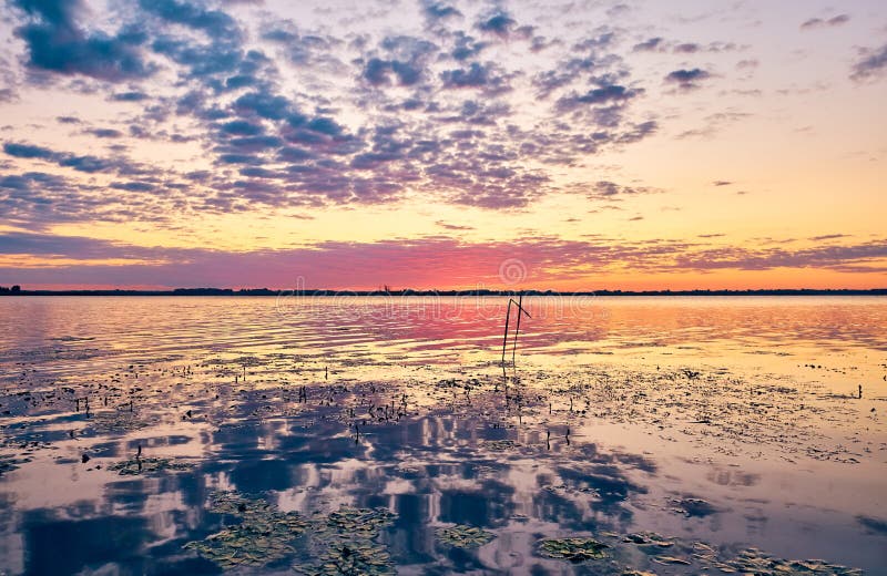 Raspberry Sunset on the Shore. Mirror Reflection of a Cloudy Sky in the ...