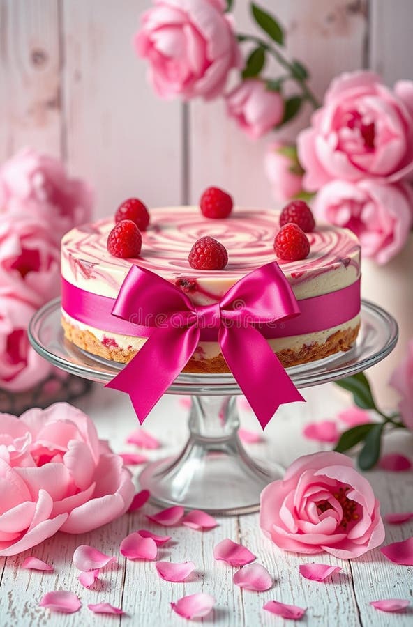 Raspberry Swirl Cheesecake on a Background with Pink Peonies Stock ...