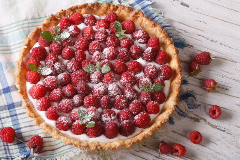 Raspberry Tart with Cream Cheese and Mint Closeup. Horizontal Stock ...