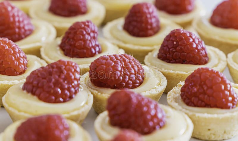 Raspberry Tartlets with Lemon Curd on a White Plate. Elegant Pastry ...