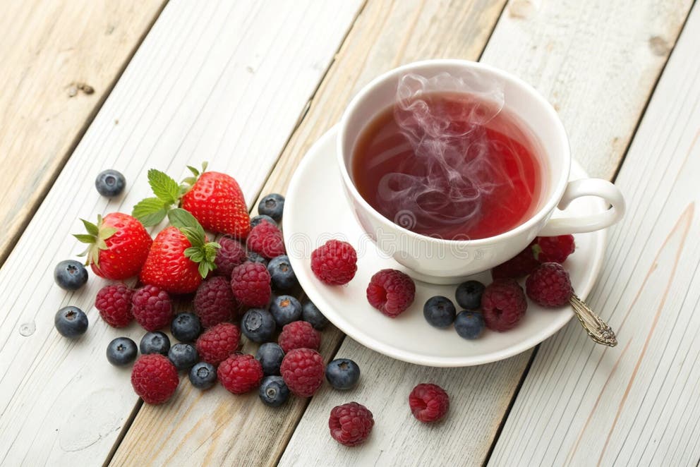 Raspberry Tea with Berries stock illustration. Illustration of time ...