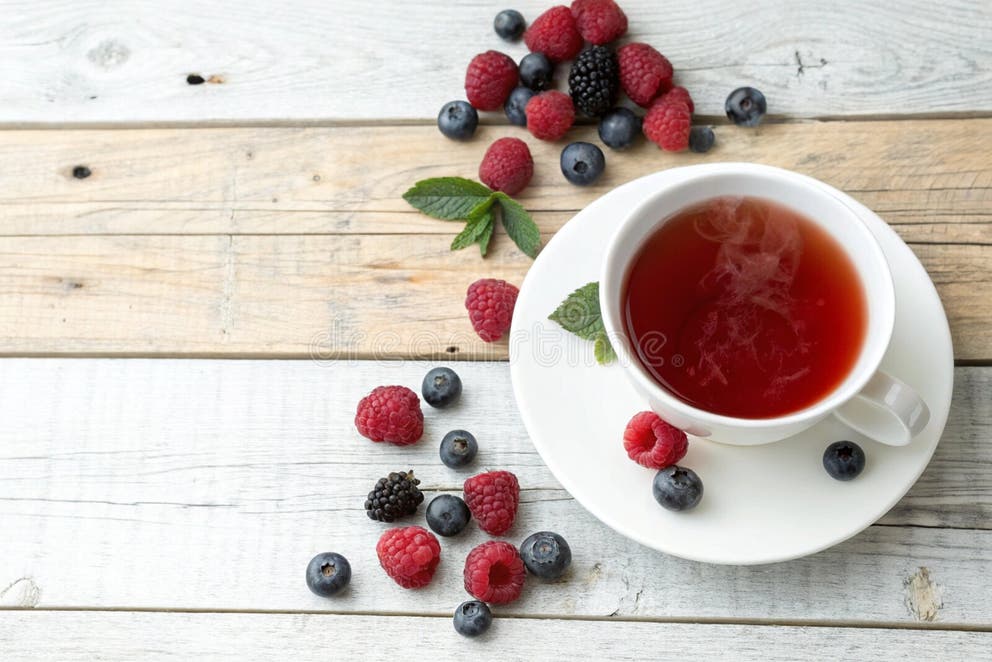 Raspberry Tea with Berries on Wooden Table Stock Illustration ...