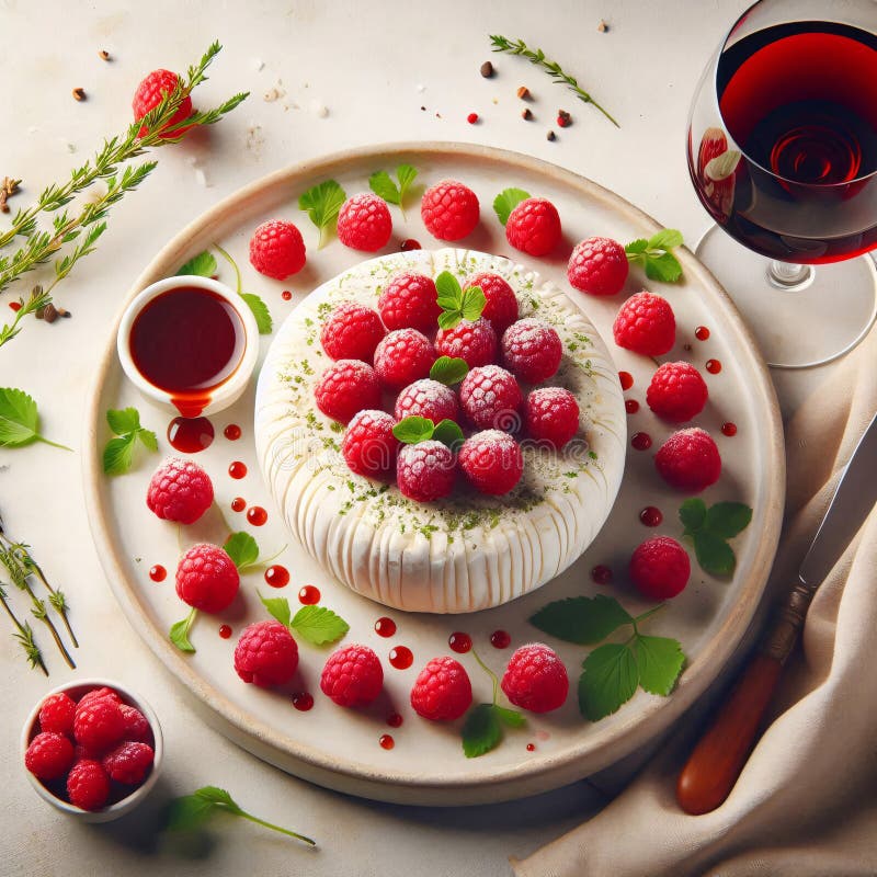 A Raspberry-topped Cake on a Plate with Wine Exudes Elegance Stock ...