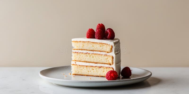 Raspberry Topped Three Layered Vanilla Cake Slice Stock Photo - Image ...