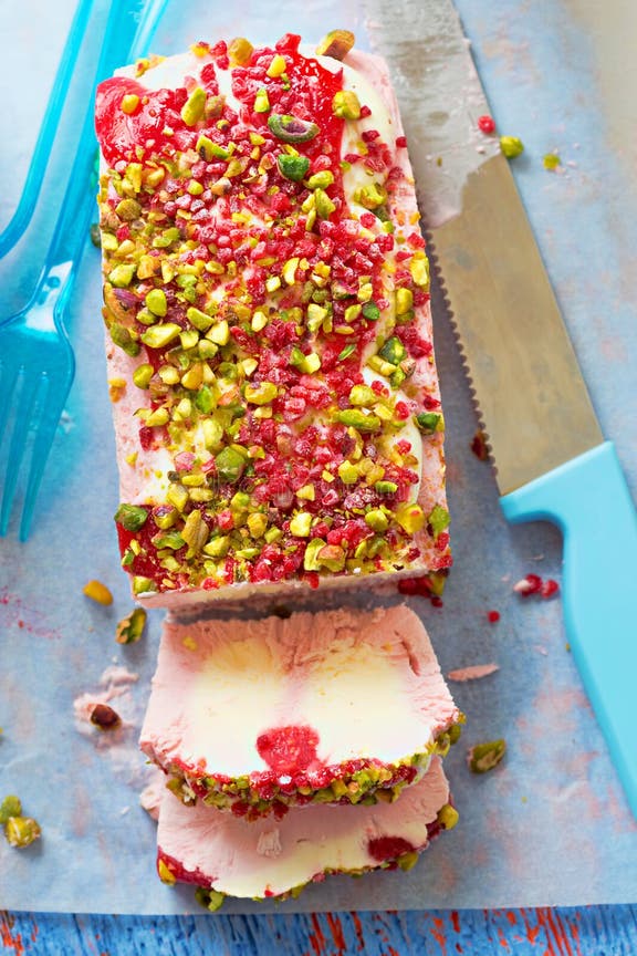 Raspberry Vanilla Semifreddo with Fruit Sauce and Pistachio Stock Image ...