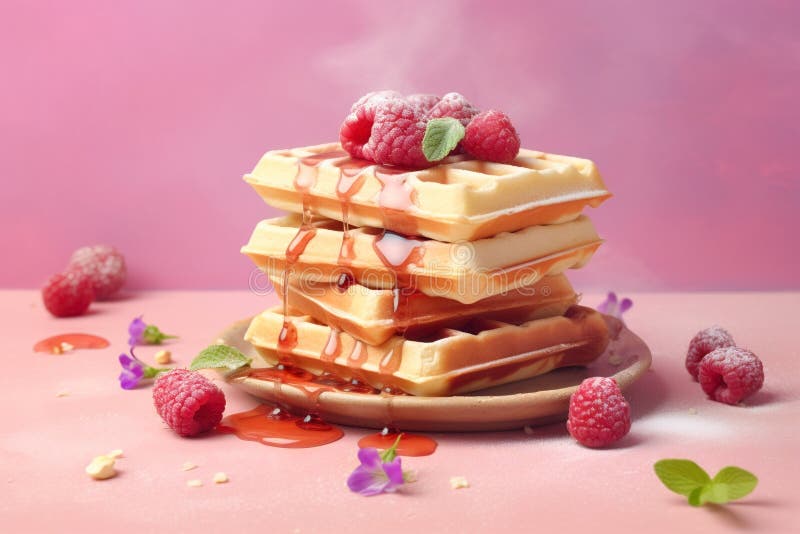 Raspberry Waffles with Cream on Pastel Colored Background Stock ...