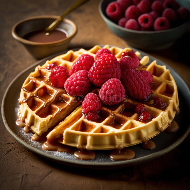 Raspberry Waffles on a Wooden Table. Generative AI. Stock Illustration ...