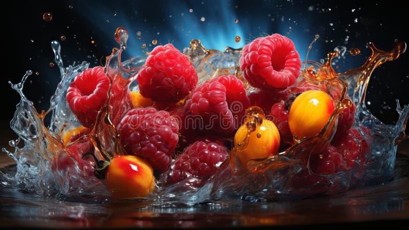 Raspberry with Water Splash Near Generative AI Stock Illustration ...