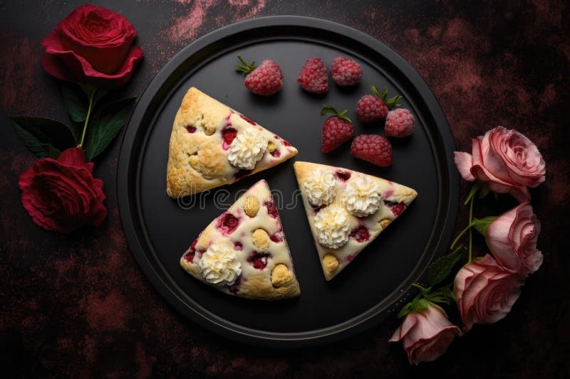Raspberry White Chocolate Scones on Black Matte Plate. Generative AI ...
