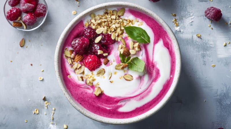 Raspberry Yogurt Bowl with Almonds and Granola Stock Illustration ...