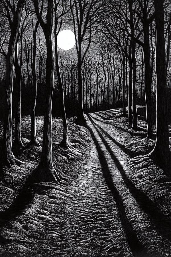 Raster Engraving of a Moonlit Forest Path with Shadows and Glowing ...