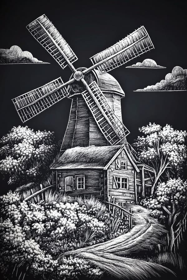 Raster Engraving of a Traditional Windmill on a Hill Surrounded by ...