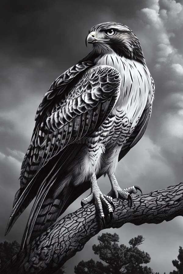 Raster Illustration of a Hawk Perched on a Tree Branch Detailed ...