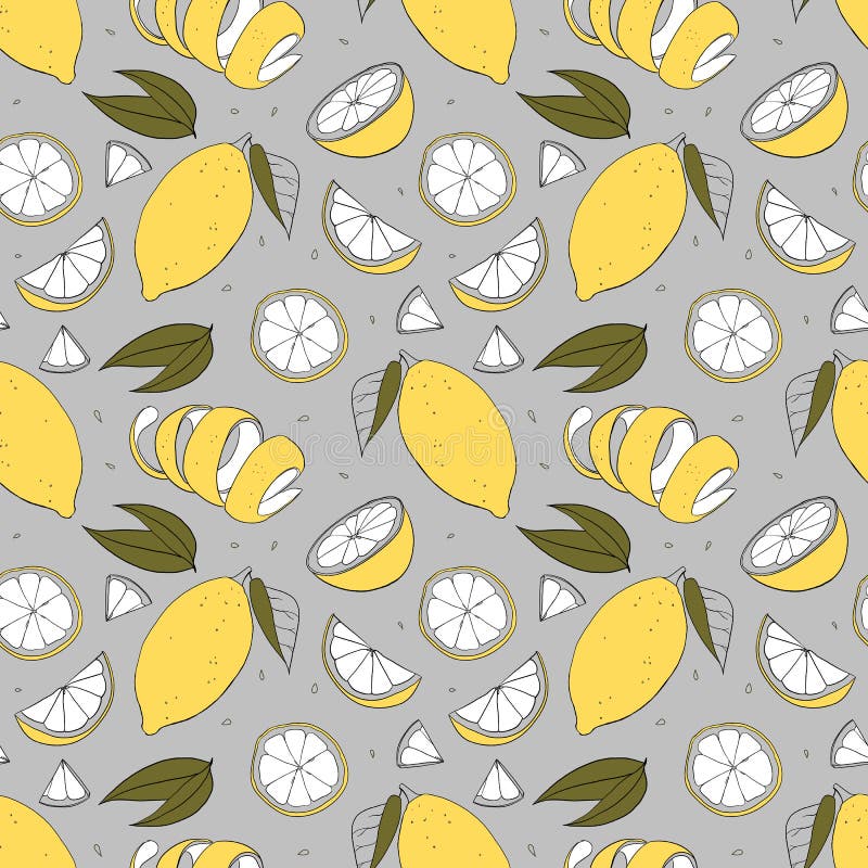 Raster Seamless Pattern with Lemons and Leaves Stock Illustration ...