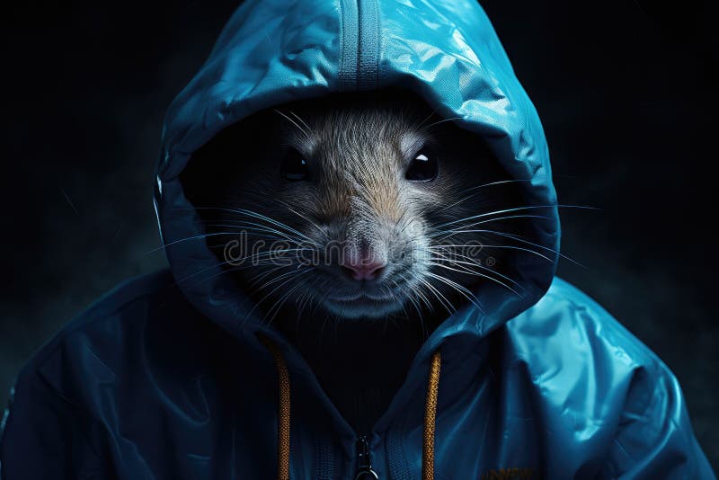 A Rat in a Blue Jacket with a Hood on a Dark Background Stock ...
