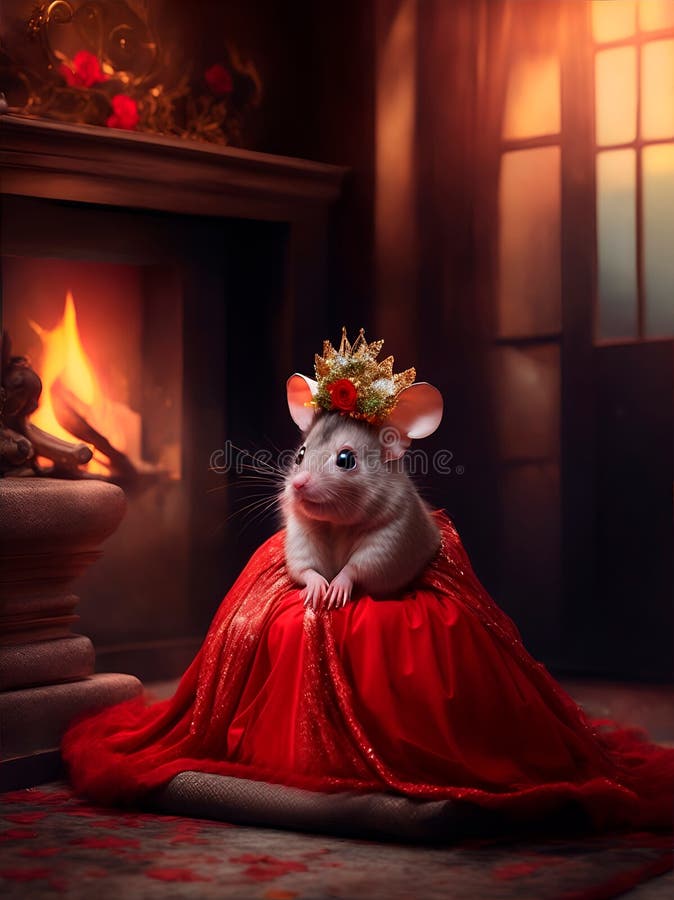 Rat Dressed in Red with a Crown Near a Burning Fireplace Stock ...