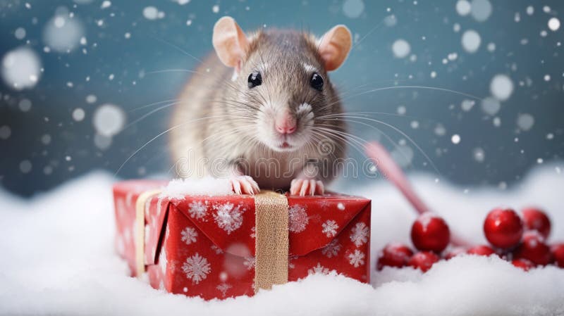 Rat with Gift Box in Snow. Ai Generative Stock Illustration ...