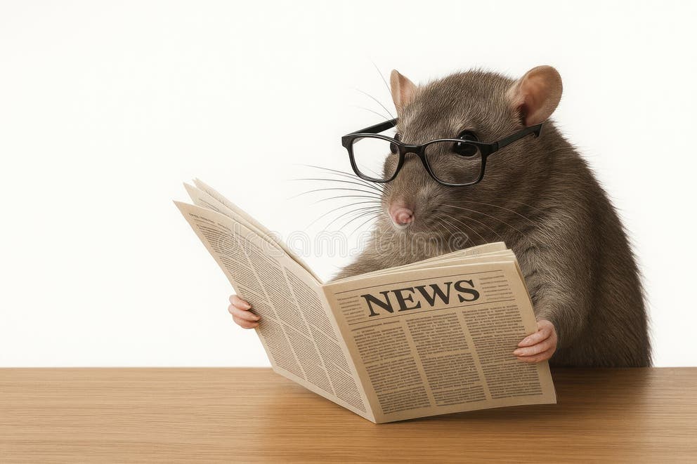 A Rat with Glasses is Reading a Newspaper at the Table. Space for Text ...
