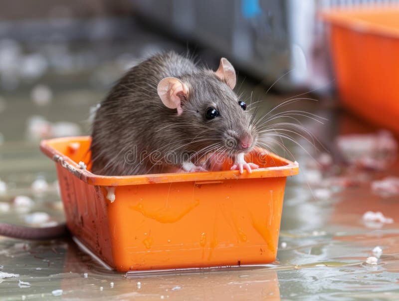 A Rat Sitting in an Orange Container in Water Stock Image - Image of ...