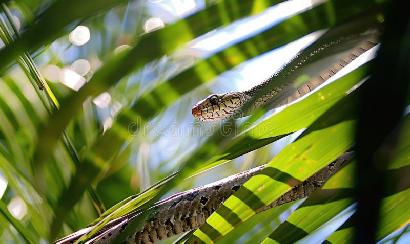 Rat snake on palm leaves stock illustration. Illustration of viper ...
