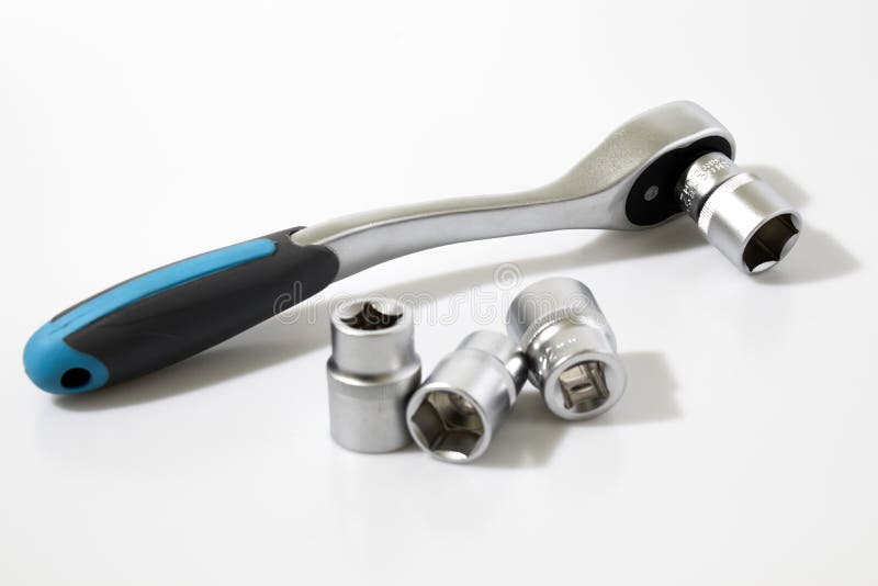 Tools, Ratchet Wrench Accessories on a Decorated Wood Table Stock Photo ...