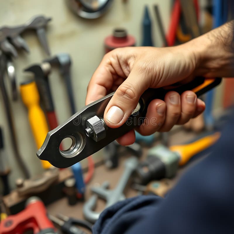 Ratchet Tool in Action with Focus on Hands Tightening a Bolt Surrounded ...