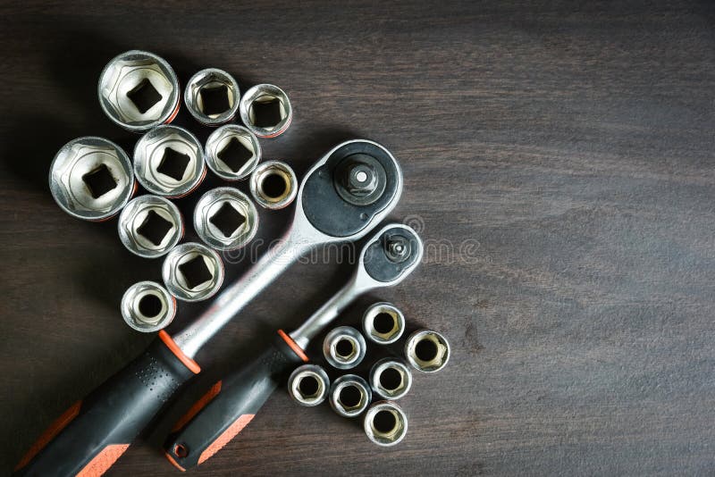 Ratchet Wrench Lying on Wooden Table Stock Photo - Image of craftsman ...