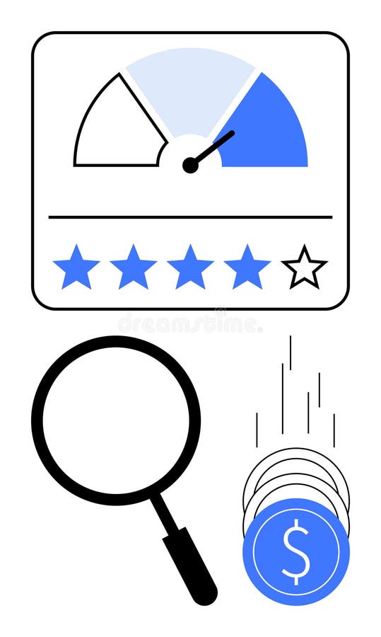 Customer Satisfaction Rating with Magnifying Glass and Coin Falling ...