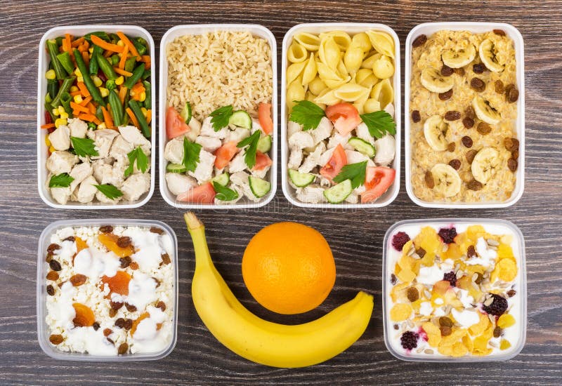 Ration of Balanced Food in Plastic Containers on Dark Table Stock Image ...