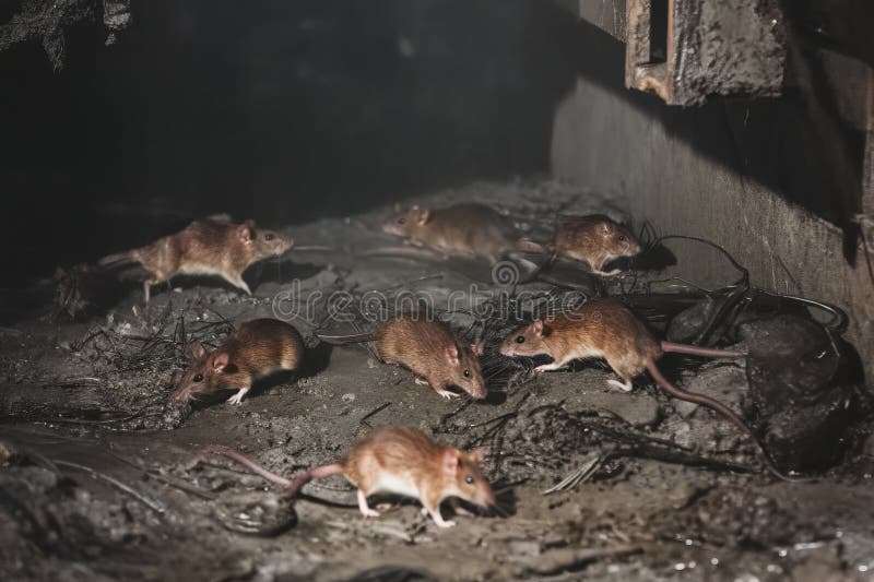Rats Scurry in a Shadowy, Damp Underground Area Stock Illustration ...