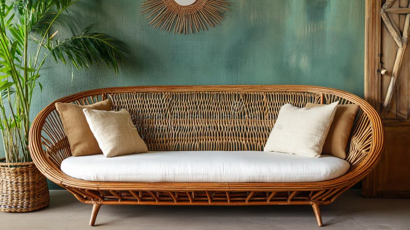 Bohemian Rattan Sofa with Pillows in Minimalist Interior Stock ...