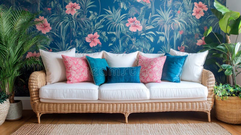 Rattan Sofa with Pink and Teal Cushions in Tropical Room Stock ...