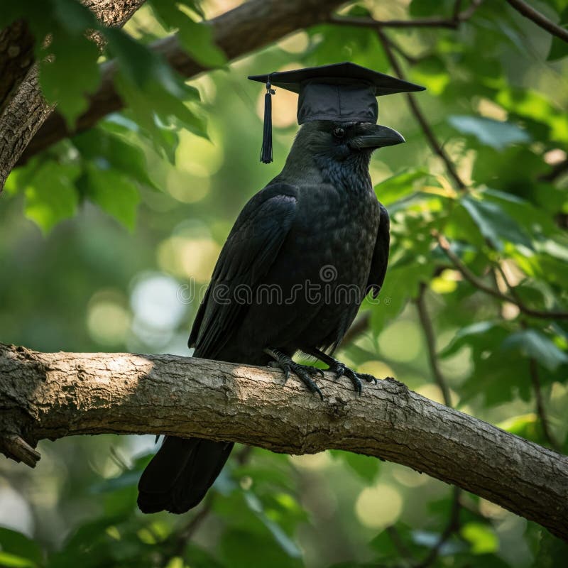 A Raven in an Academic Cap is Sitting on a Tree. Stock Photo - Image of ...