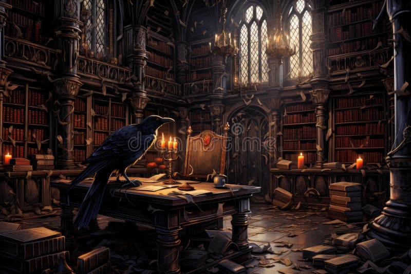 Raven Ancient Library. Generate Ai Stock Photo - Image of leather, bird ...
