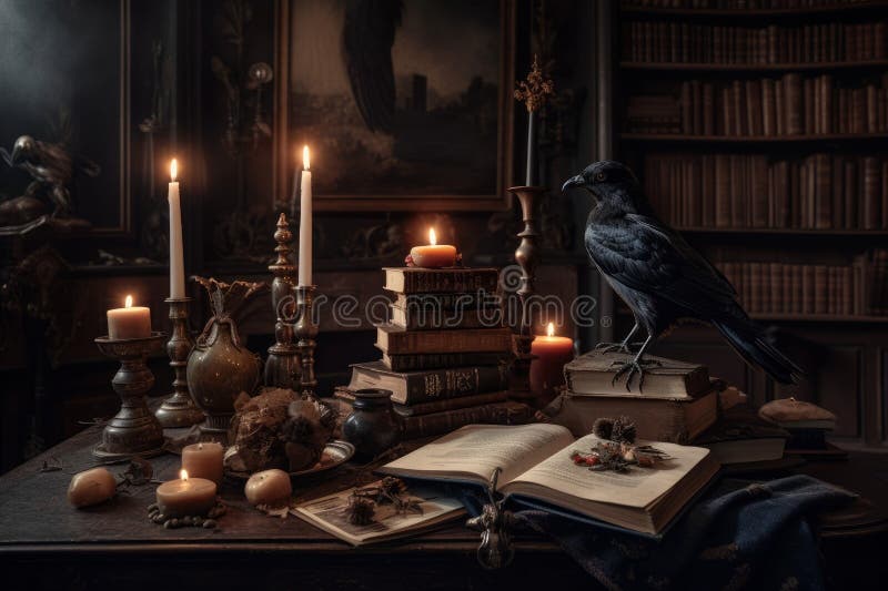 Raven Ancient Library Old. Generate Ai Stock Illustration ...