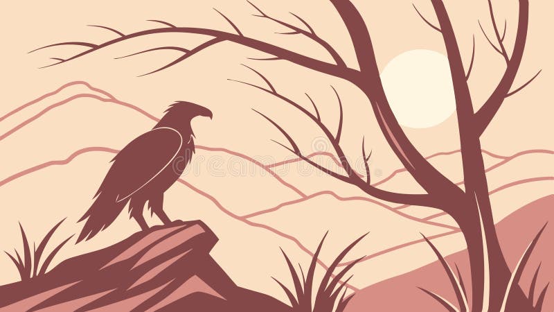 Raven on Bare Tree in Stark Landscape, Eerie Wilderness Scene, Vector ...