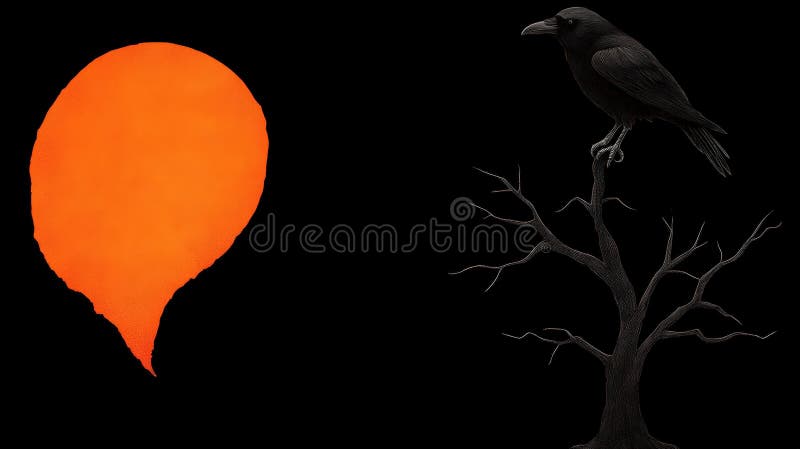 Raven on a Barren Tree with an Orange Silhouette Against a Black ...
