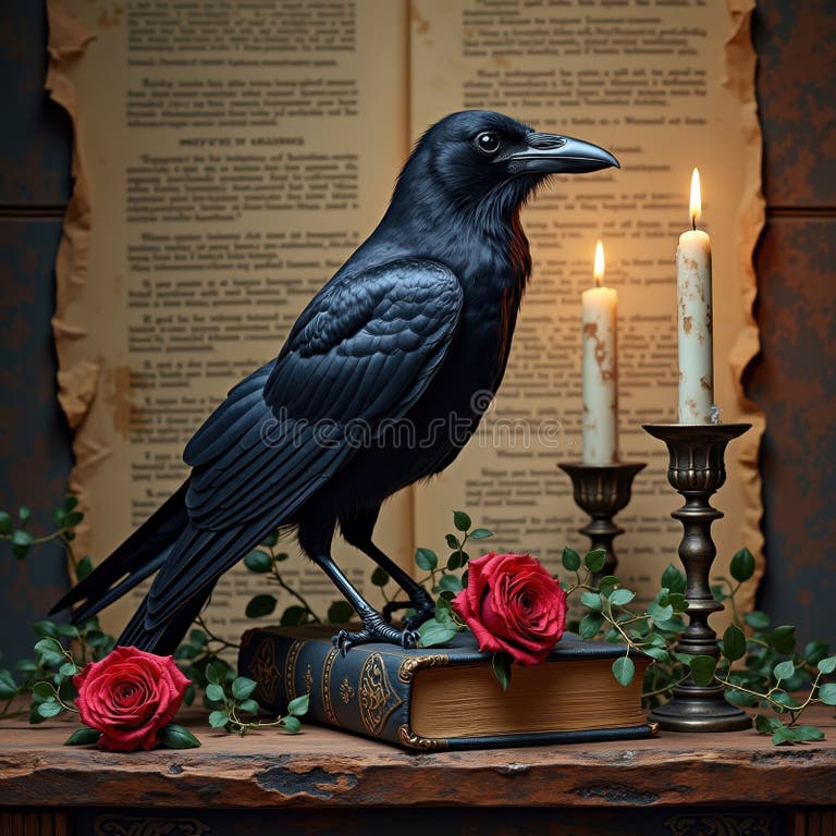 Raven on Books with Roses and Candles in Mysterious Setting Stock Photo ...