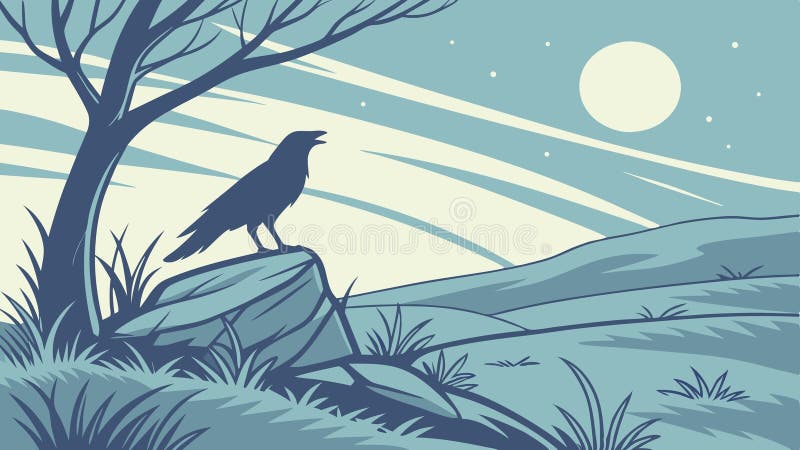 Raven on Branch in Moonlit Forest Vector Scene, Vector Design ...