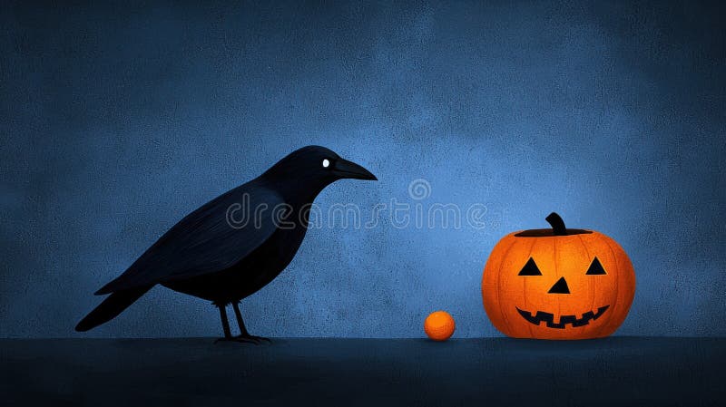 A Raven beside a Carved Pumpkin Against a Moody Blue Background Stock ...