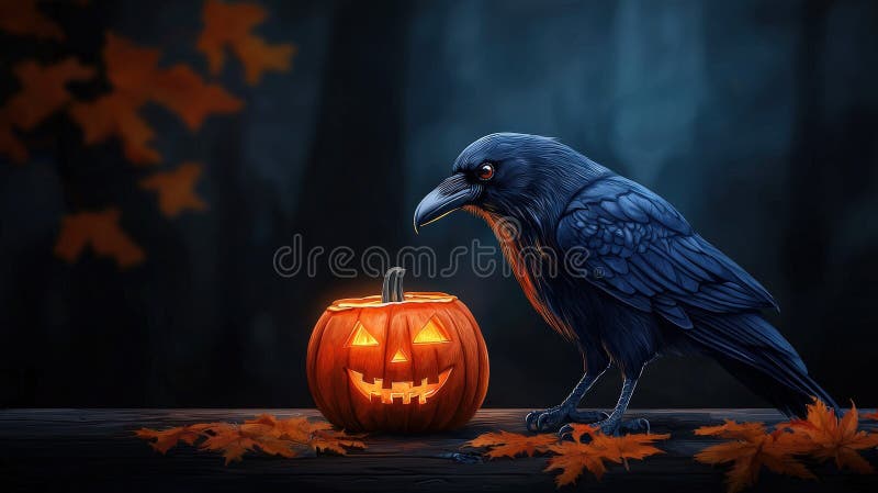 Raven beside a Carved Pumpkin in a Spooky Autumn Setting Stock ...