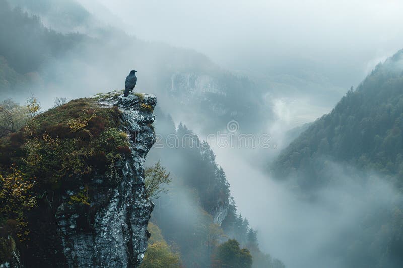 Raven on a Cliff in a Misty Valley Stock Illustration - Illustration of ...