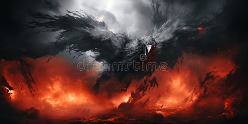 Raven in the Dark with Smoke and Fire Stock Illustration - Illustration ...