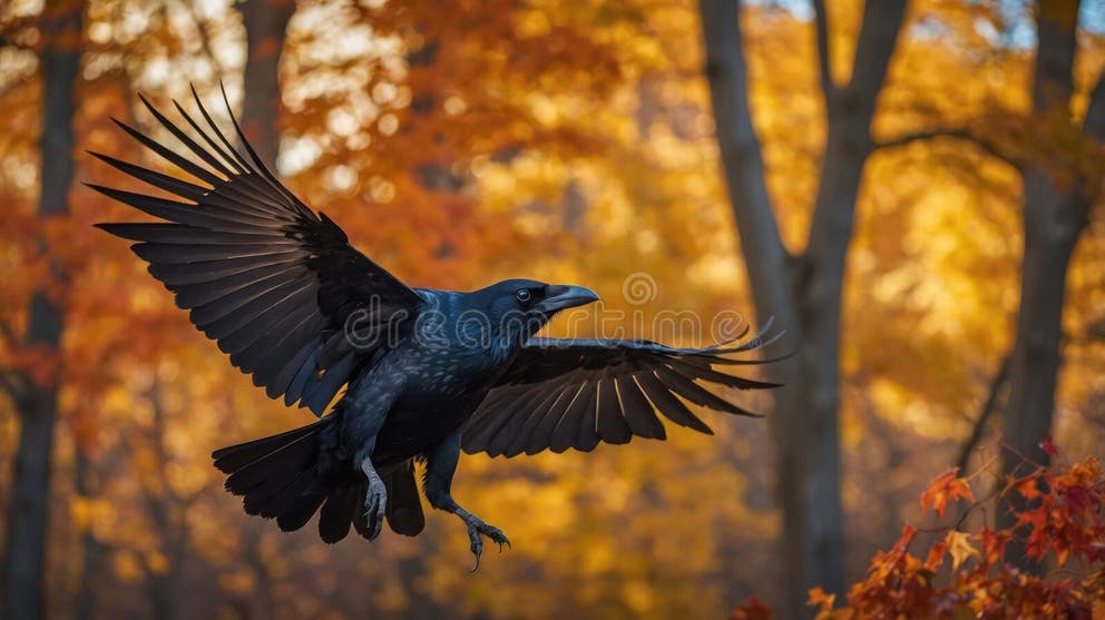 Majestic Raven in Flight Against Autumnal Colors Stock Illustration ...
