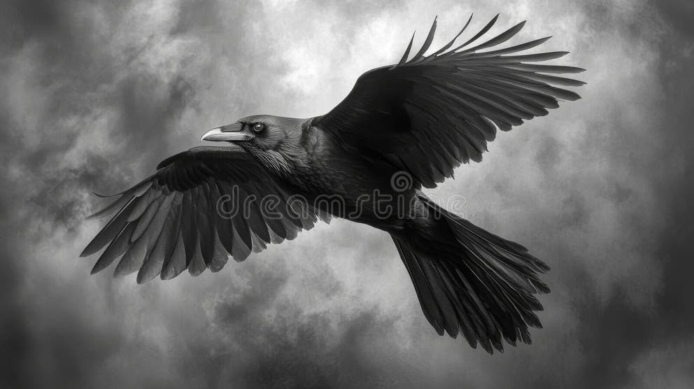 Raven in Flight Against a Dramatic Stormy Sky Stock Illustration ...