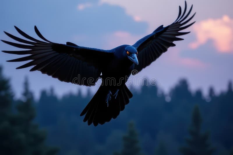 Raven in Flight at Sunset stock illustration. Illustration of majestic ...