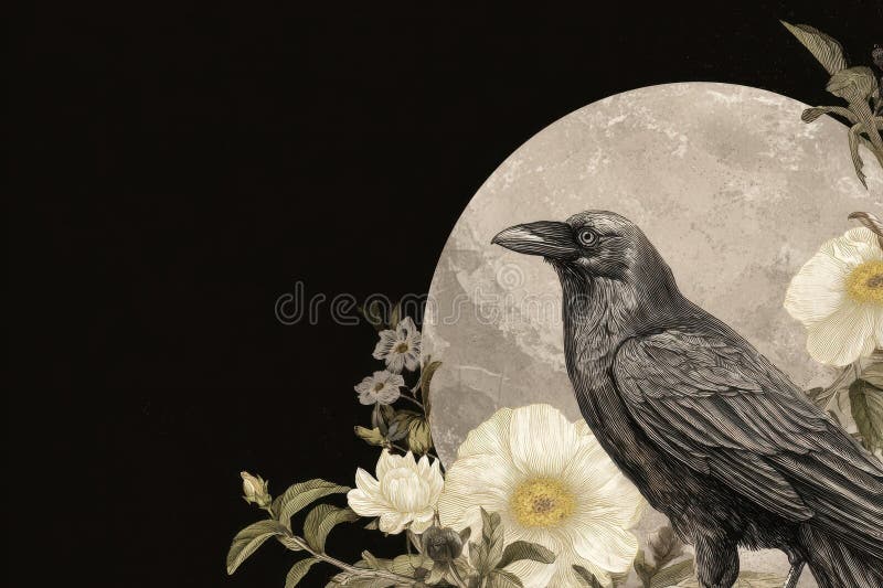Raven and Flowers with Moonlit Background - Nature Themed Art. Stock ...