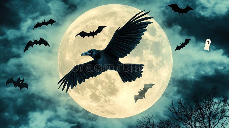 Raven Flying before Full Moon, Bats, Ghost Stock Illustration ...